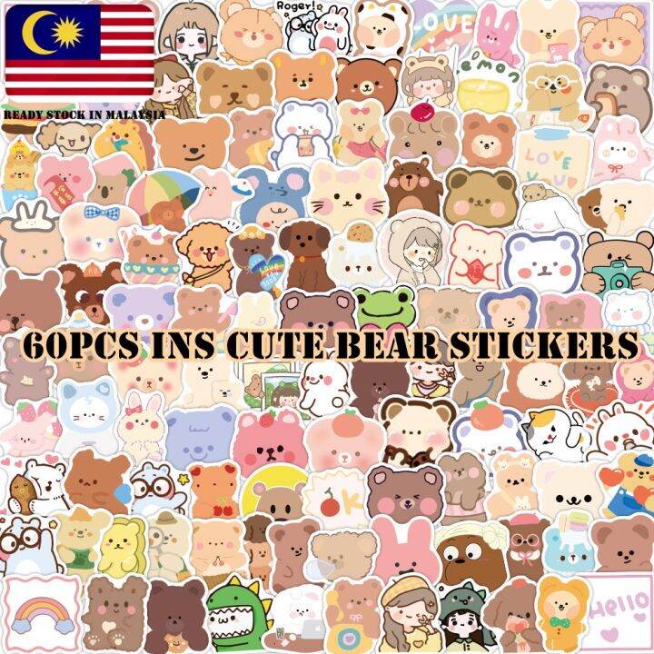 60 / 100 PCS INS Cute Bear Cartoons Deco Stickers Pack Waterproof DIY ...