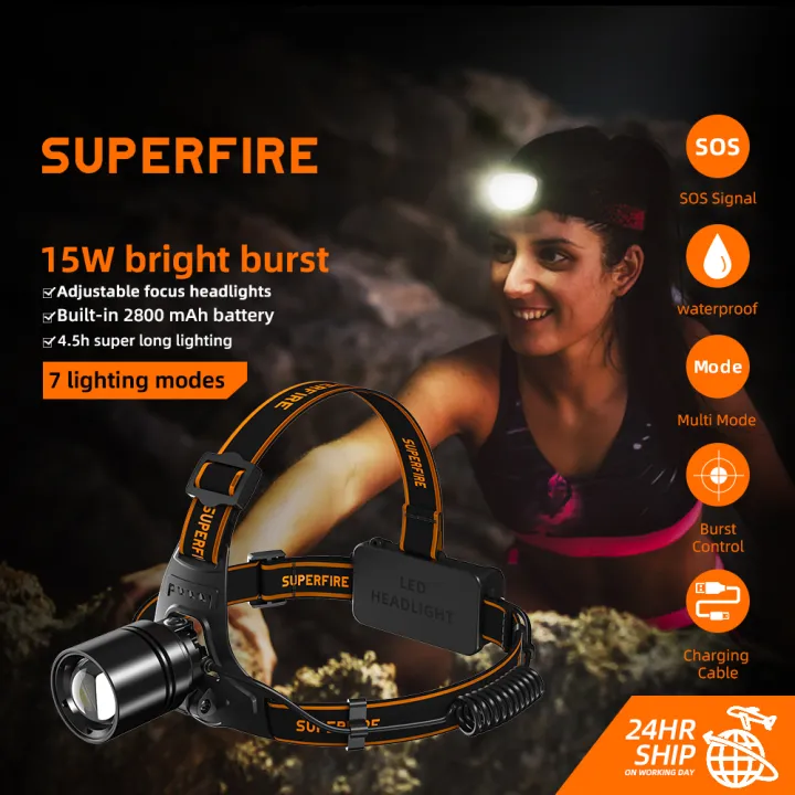 SUPERFIRE HL70โฟกัสไฟหน้า20วัตต์โคมไฟกลางแจ้งที่แข็งแกร่งชาร์จไฟตกปลา ...