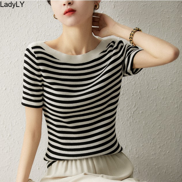 LadyLY OULINNA เสื้อยืดแขนสั้นผ้าไหมหม่อน,แถบสีสำหรับฤดูร้อนปี2022 ...
