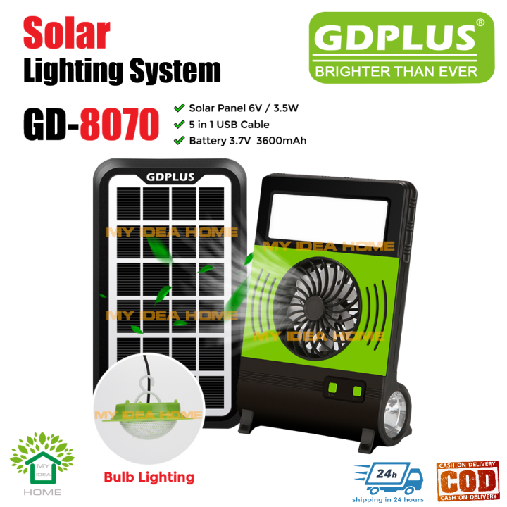 GDPLUS Solar lighting system with 1bulbs and 5in1 USB cable Emergency light and mini fan GD-8070 ...