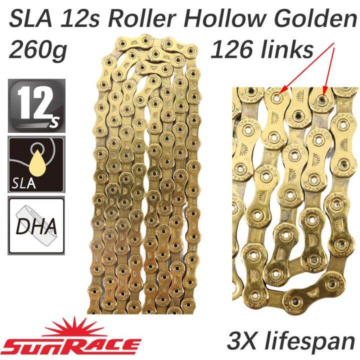 Sunrace Bike Chain 12 Speed SLA Roller Hollow Gold Oil Slick Titanium ...