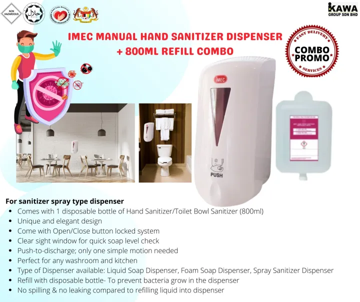 Manual Toilet Seat Spray Sanitizer Dispenser, IMEC ISD 1000 + IMEC Hand Sanitizer Refill, 800ml ...