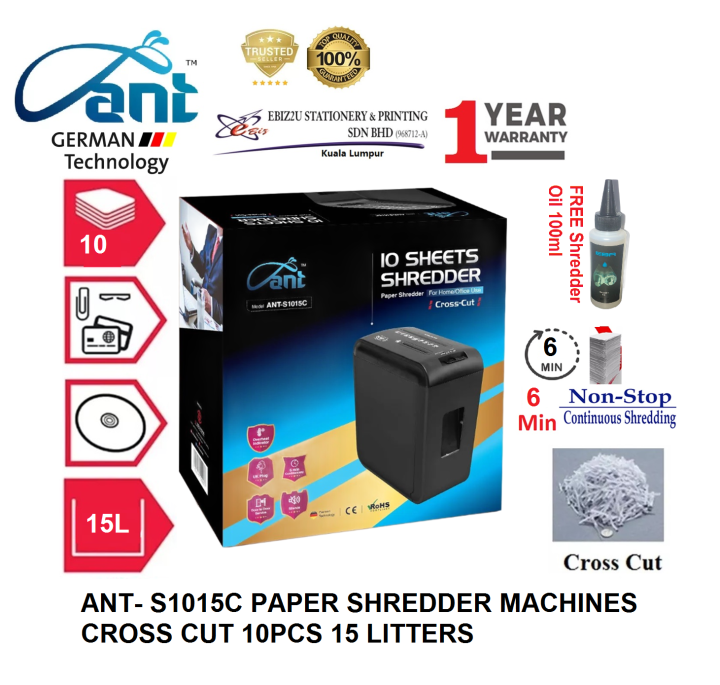ANT- S1015C PAPER SHREDDER MACHINES CROSS CUT 10PCS 15 LITTERS WITH 1 ...
