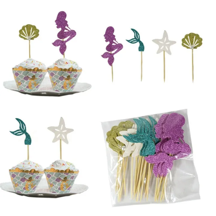 24 Pcs Mermaid Cake Topper Party Seaweed Little Birthday 1st December ...