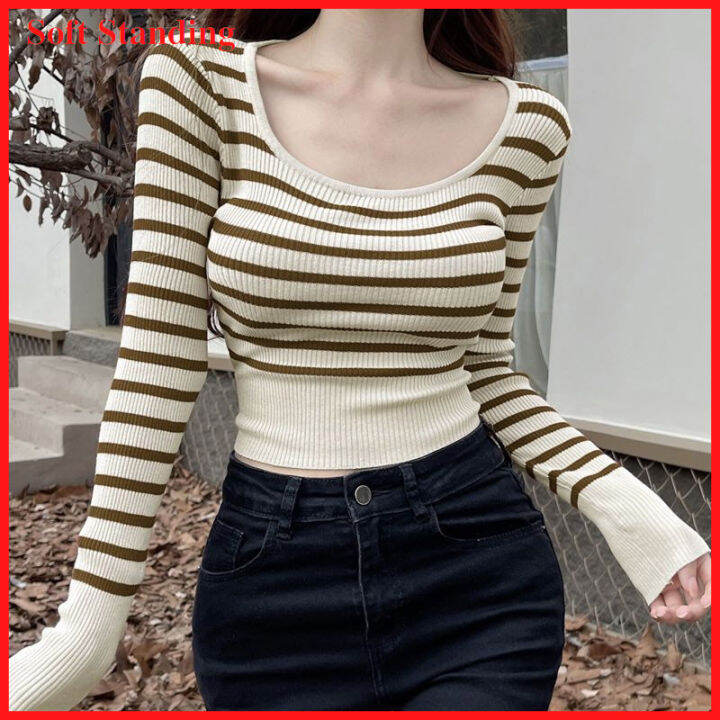 ⚜️SF Women Knitting Shirt, Long Sleeve Round Neck Striped Casual Spring ...
