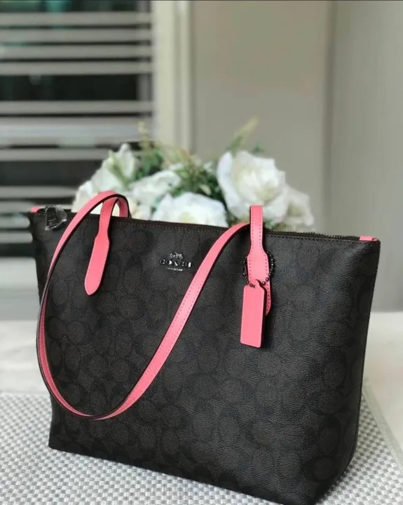 Coach 4455 Zip Top Tote in Brown Signature Coated Canvas and Pink ...