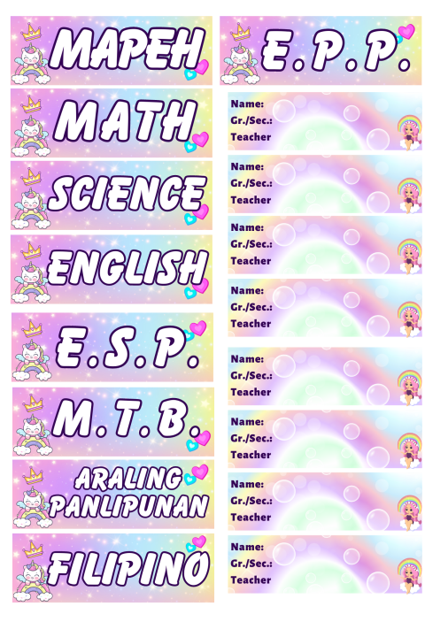 U NI CORN THEMED |LOWER GRADES SUBJECT AND NAME STICKER SET | Lazada PH