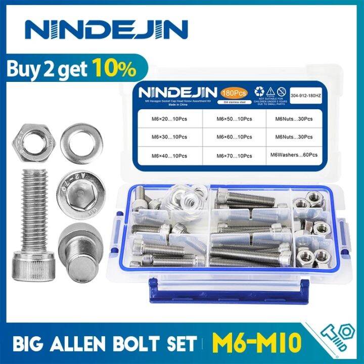 NINDEJIN Hex Bolt Set M6 M8 M10 Bolts and Nuts 304 Stainless Steel ...