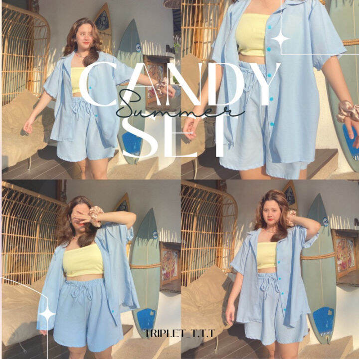 Candy Set ชุดเซ็ตเสื้อ+กางเกงขาสั้น ใส่ไปเที่ยวสบาย สีน่ารักมาก ...