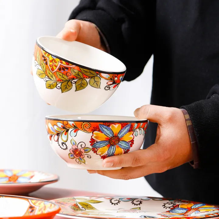 OMK American Hand-Painted Tableware Plate Set Dining Ceramic ชามสลัด ...