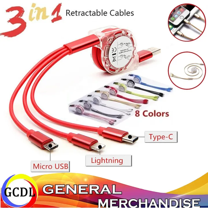 Multi USB Fast Charging Charger Cable 3 in 1 Retractable with Micro USB / Lightning / Type-C ...