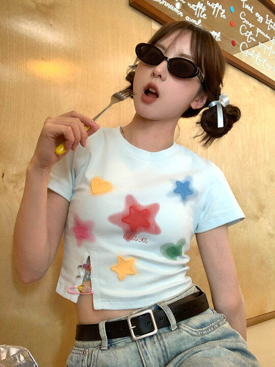 Y2k Star Print Short Sleeve Tshirt For Women Girls Oversized Korean