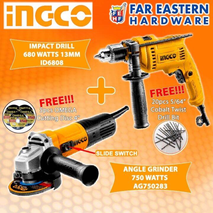 INGCO COMBO Angle Grinder 750W AG750283 Impact Hammer Drill 680W ...