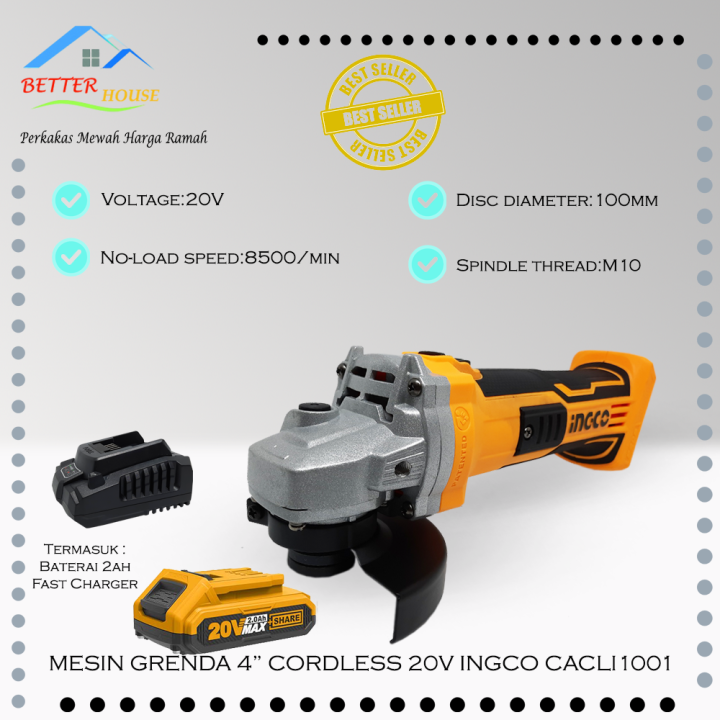 MESIN GERINDA GRENDA CORDLESS 20V 4 inch INGCO CAGLI1001 2ah Charger ...