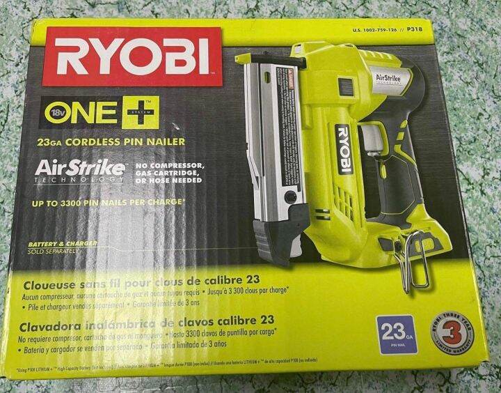 Ryobi P318 18-Volt ONE+ Lithium-Ion Cordless AirStrike 23-Gauge 1-3/8 inch Headless Pin Nailer ...
