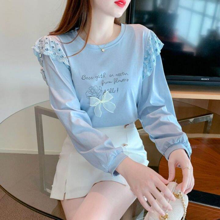 LUE-ข้อเสนอแบบจำกัดเวลา-2023 ฤดูใบไม้ร่วงตัวอักษรพิมพ์เสื้อยืดแขนยาวออกแบบความรู้สึกทันสมัยอเนก ...