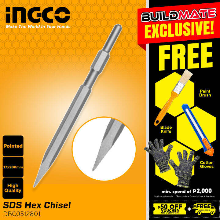 BUILDMATE Ingco SDS Hex Chisel Pointed 17x280mm Concrete Breaker Rock ...