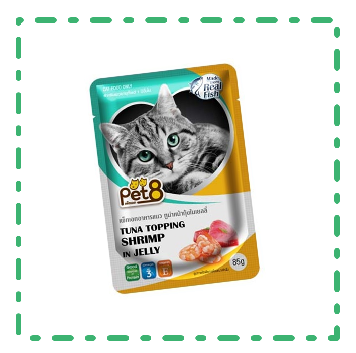 Pet8 อาหารแมวเปียก Ch04 รสทูน่าหน้ากุ้งในเยลลี่ 85 กรัม | Lazada.co.th