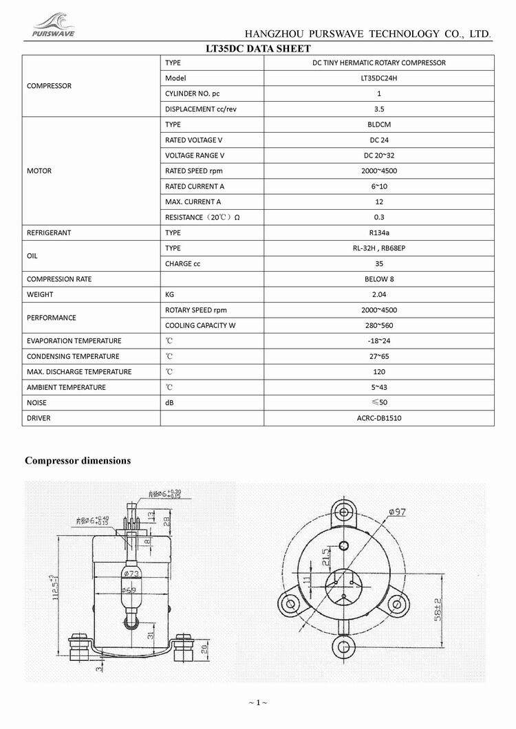 PURSWAVE ST19DC DCTiny Compressor 12V24V48V MAX 450W capacity R134a for portable refrigerator ...