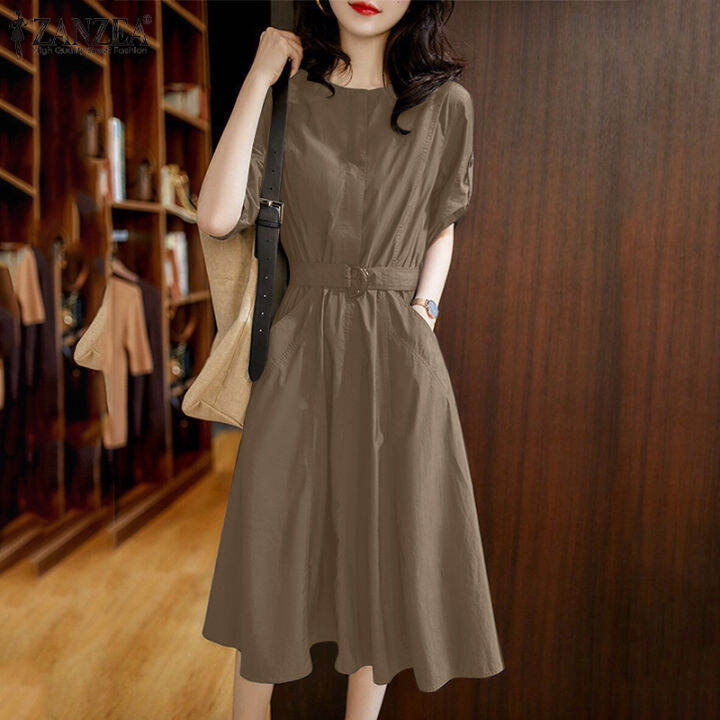 Momonaco Zanzea Korean Style Womens Short Sleeve A Line Plain Workwear