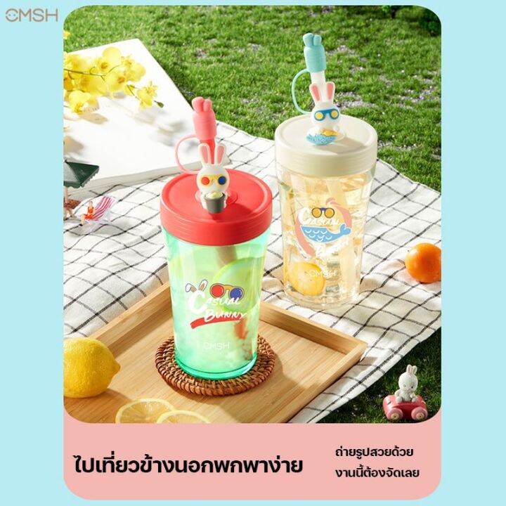CMSH-0315 แก้วน้ำพลาสติกมีฝาปิด พร้อมหลอดการ์ตูนน่ารัก ความจุ 560ml แก้วน้ำกระต่าย แถมสติ๊กเกอร์ ...