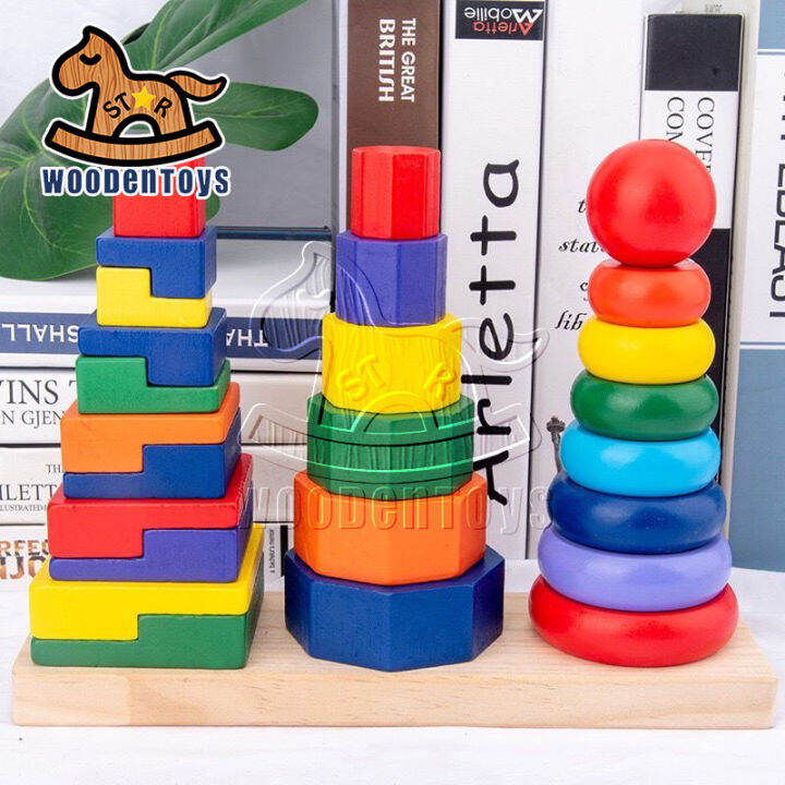 BIG Wooden Geometry sorter triple rainbow tower sorter colorful non-toxi | Lazada PH
