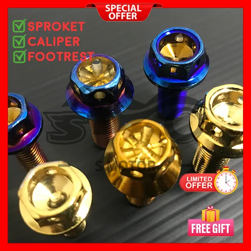 SCREW SKRU M8 M10 SAIZ 12 SAIZ 14 TITANIUM GOLD SPOKET SPOCKET HUB ...