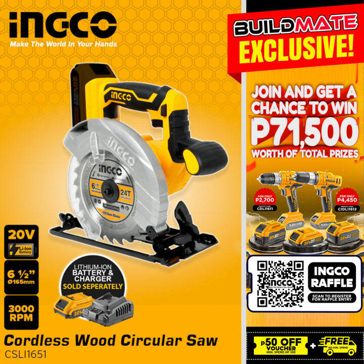 BUILDMATE Ingco Lithium-Ion Cordless Wood Circular Saw 20V 6-1/2 ...