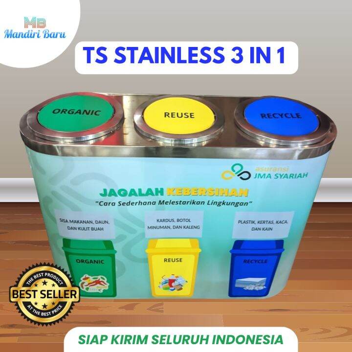 TEMPAT SAMPAH STAINLESS 3 WARNA, TONG SAMPAH STAINLESS KAPSUL 3IN1 ...