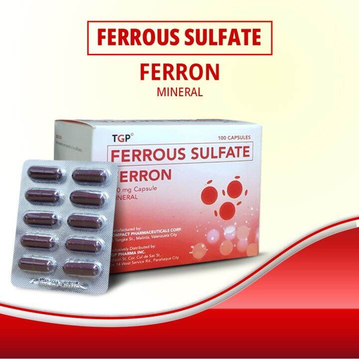 TGP Ferrous Sulfate (FERRON) - 500mg 100 Capsules (Anti-Anemia) 1 Box ...