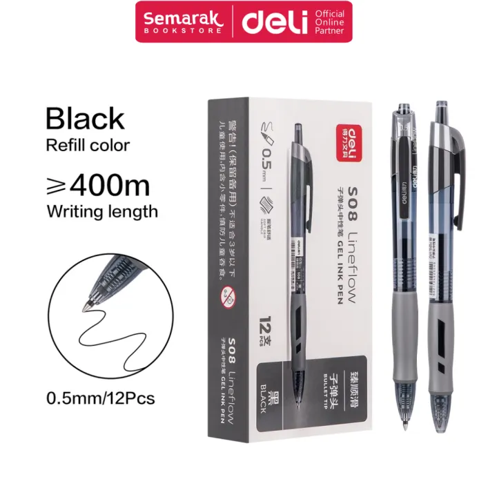 Deli S08 Linef-low Gel Ink Pen Pulpen Jel Cetek 0.5 mm - Black [1 Pack / 12 Pcs] | Lazada Indonesia