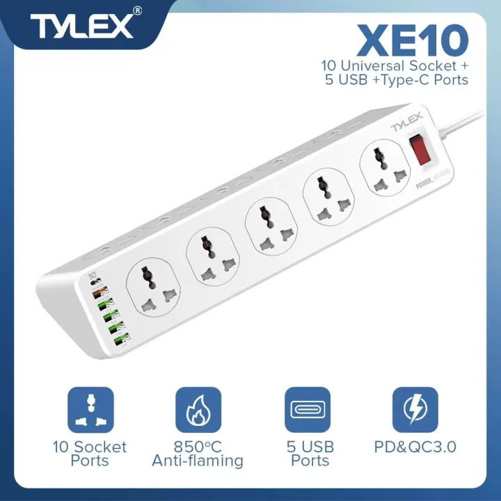 Tylex XE10 10x Universal Power Strip Socket with 5 USB Charging Ports 1 ...