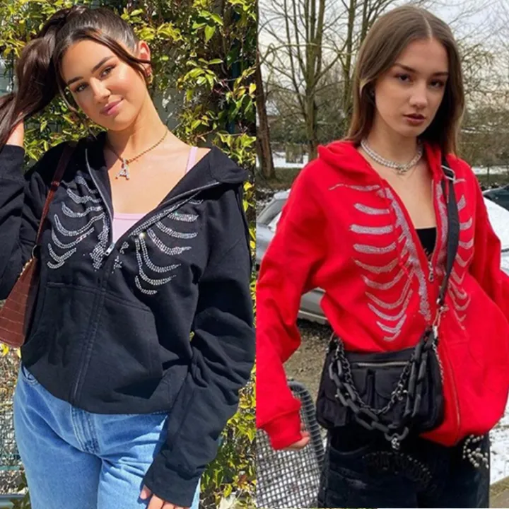 ฤดูใบไม้ร่วง Goth Hoodies ผู้หญิง Grunge Hooded Jacket Streetwear Retro เสื้อผ้า Y2K Rhinestone ...