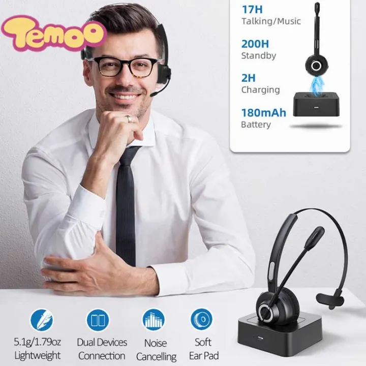 Temoo ชุดหูฟังบลูทูธพร้อมไมโครโฟน,หูฟังไร้สายสำหรับสำนักงานหูฟังไดรเวอร์รถบรรทุก5รถบรรทุกหูฟัง ...