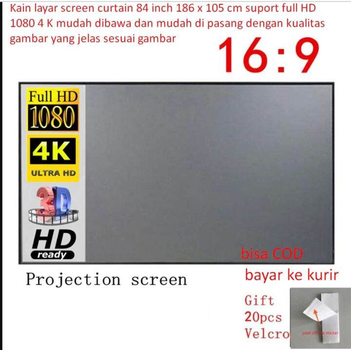 Kain layar screen curtain 84 inch 186 x 105 cm suport full HD 1080 4 K ...