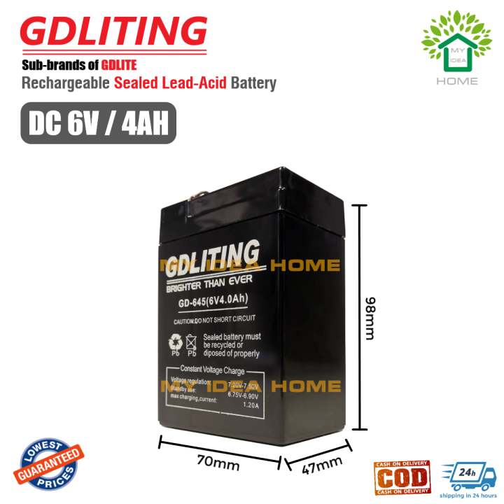 GDLITING GD-645 DC 6V 4AH Rechargeable Sealed Lead-Acid Battery | Lazada PH