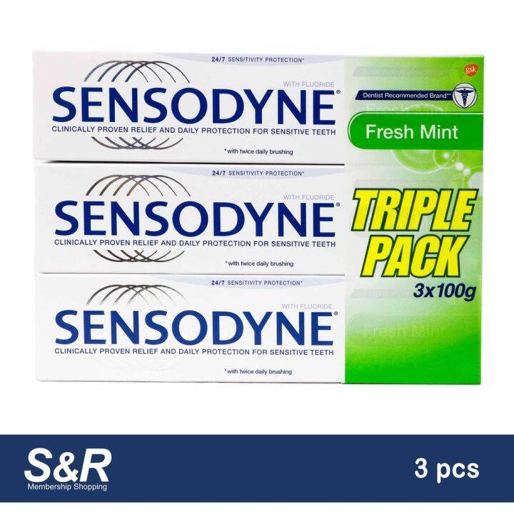 Sensodyne Fresh Mint Toothpaste for Sensitive Teeth Triple Pack 100 g x ...