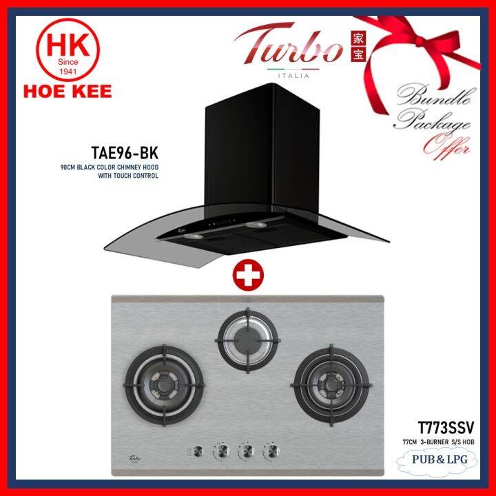 Turbo Incanto TAE96 BK 90cm Chimney Hood + Turbo Incanto T773SSV 77cm 3 Burners Stainless Steel ...