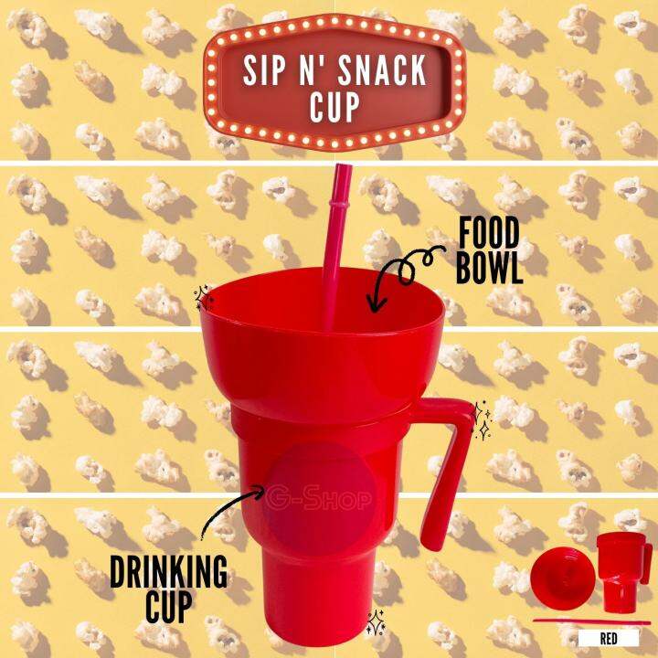 Sip and Snack Cup (RED) 2-in-1 Snack Bowl and Drinking Cup 32oz Cup with Snack Bowl on Top ...