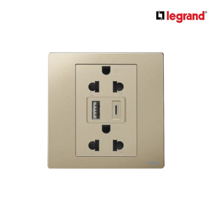Legrand เต้ารับคู่มีกราวด์ +USB Type A - C สีแชมเปญ 1G EURO-US 16A 2x2P ...