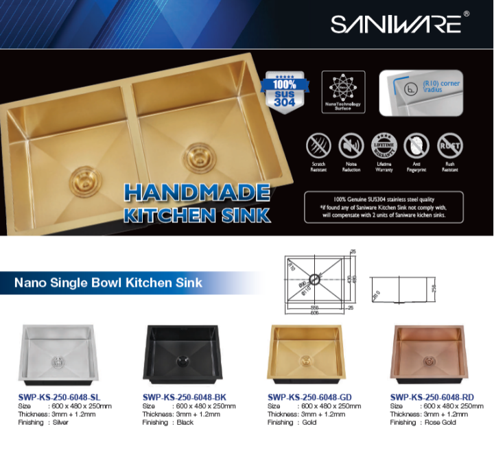 Saniware 600mm x 480mm x 250mm Stainless Steel SUS304 Kitchen Single ...