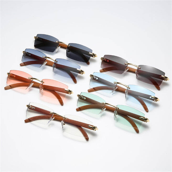 90s Rimless For Men Gangster Frameless Shades Trendy Retro Wooden Frame Rectangle Eyewear ...