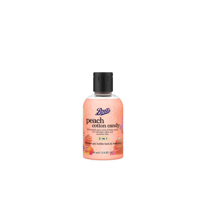 Boots Peach Cotton Candy Shower Gel, Bubble Bath & Shampoo Mini 90Ml ...
