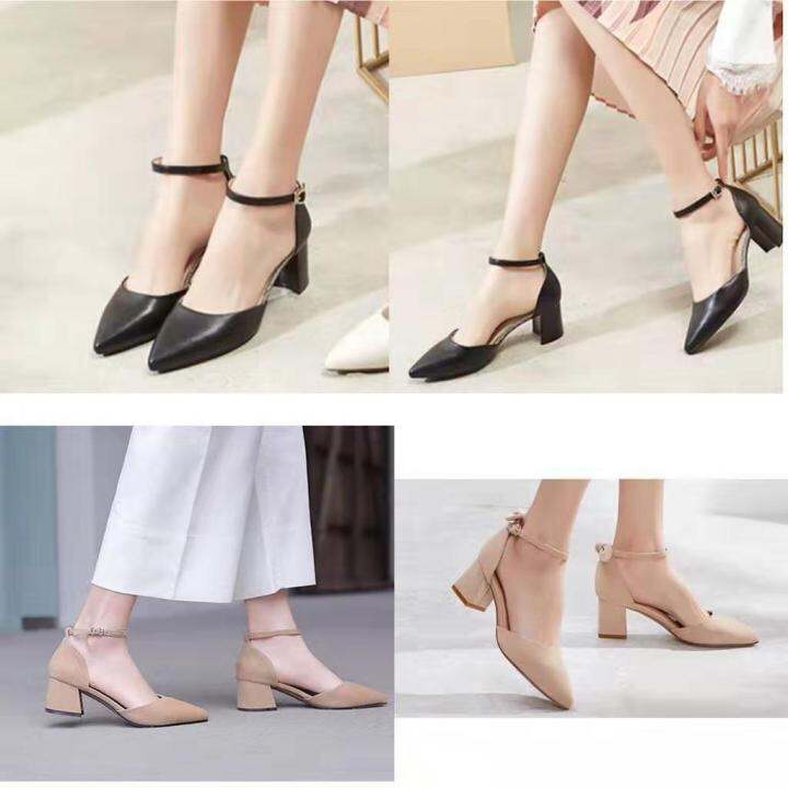 Korean Pointed Closed Toe Block Heel Sandals(lather and glossy) | Lazada PH
