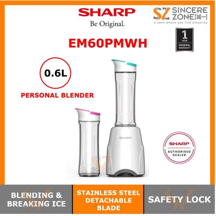 SHARP PERSONAL BLENDER EM60PMWH (300W) 0.6L WITH 2 600ML TUMBLERS | Lazada