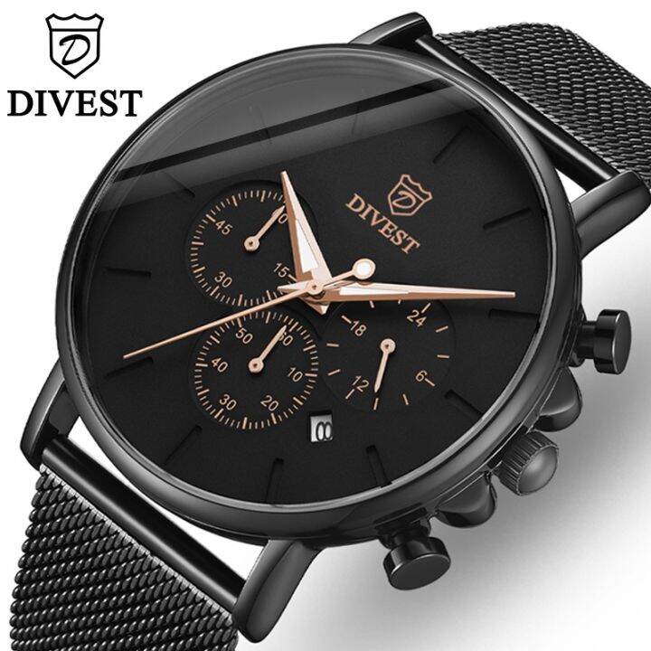 TOP★DIVEST สุดหรูนาฬิกาบุรุษแฟชั่นกันน้ำตาข่ายเหล็กสายคล้องปฏิทินนาฬิกาควอตซ์ธุรกิจทหารนาฬิกา ...