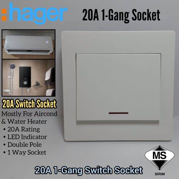 Quality Hager 20A 1 Gang Double Pole Switch Socket SIRIM Approved For Air Conditioner Water ...
