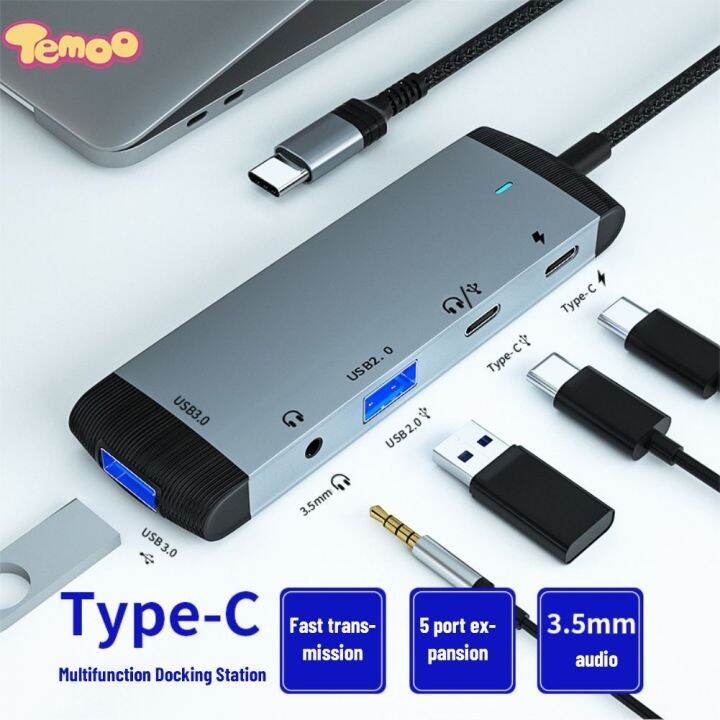 Temoo Adaptor Docking Station, Hub Tipe C PD 60W 5-In-1 dengan USB Jack Audio 3.5Mm Splitter 3.0 ...