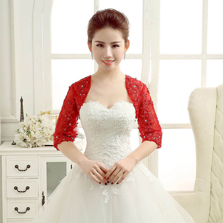 Bolero/Cardigan Elegan renda merah 3/4 Lengan Bungkus Pengantin Jaket ...