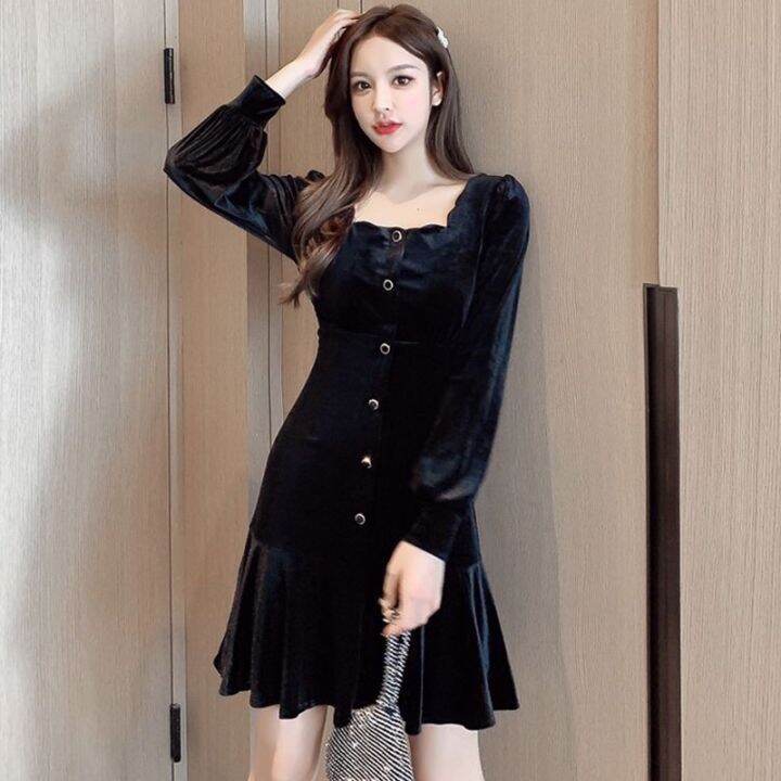 Yoohui QZ025 Korean Square Neck Velvet Dress Wanita Beludru Lengan ...
